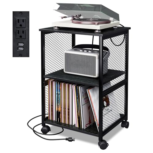 TC-HOMENY Vinyl Record Storage Table, 3-Tier Record Player Stand with 3 Quick-Release Divider Up to 200 Albums, Fashion Turntable Stand for Bedroom Living Room and Office