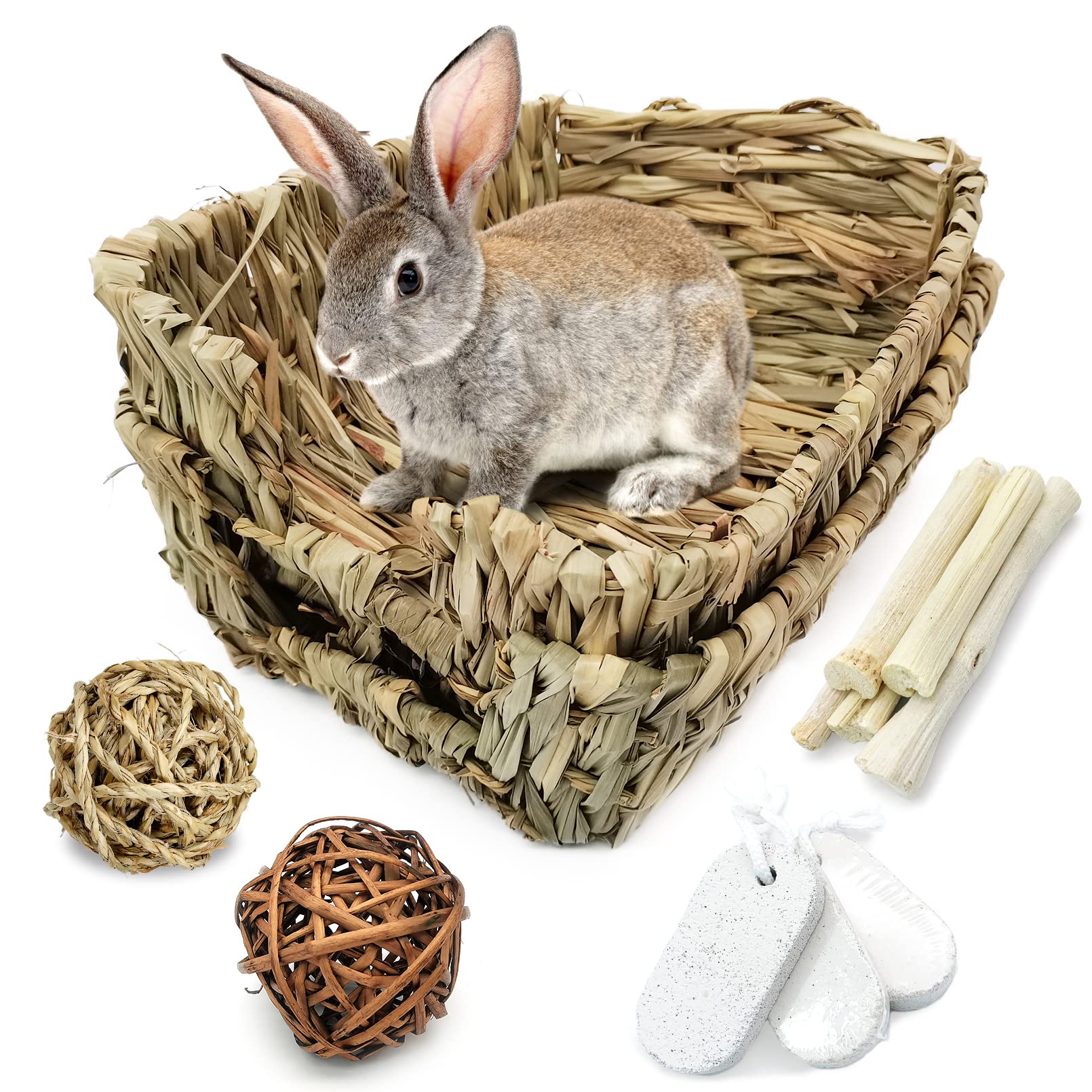 Hamiledyi Rabbit Grass Bed for Bunny, 12 Pcs Pet Bunny Chew Toys Natural Hand-Made Woven Hay Mat Hamster Grass Basket Small Animals Bedding for Guinea Pig Chinchilla Ferret Gerbil Rat