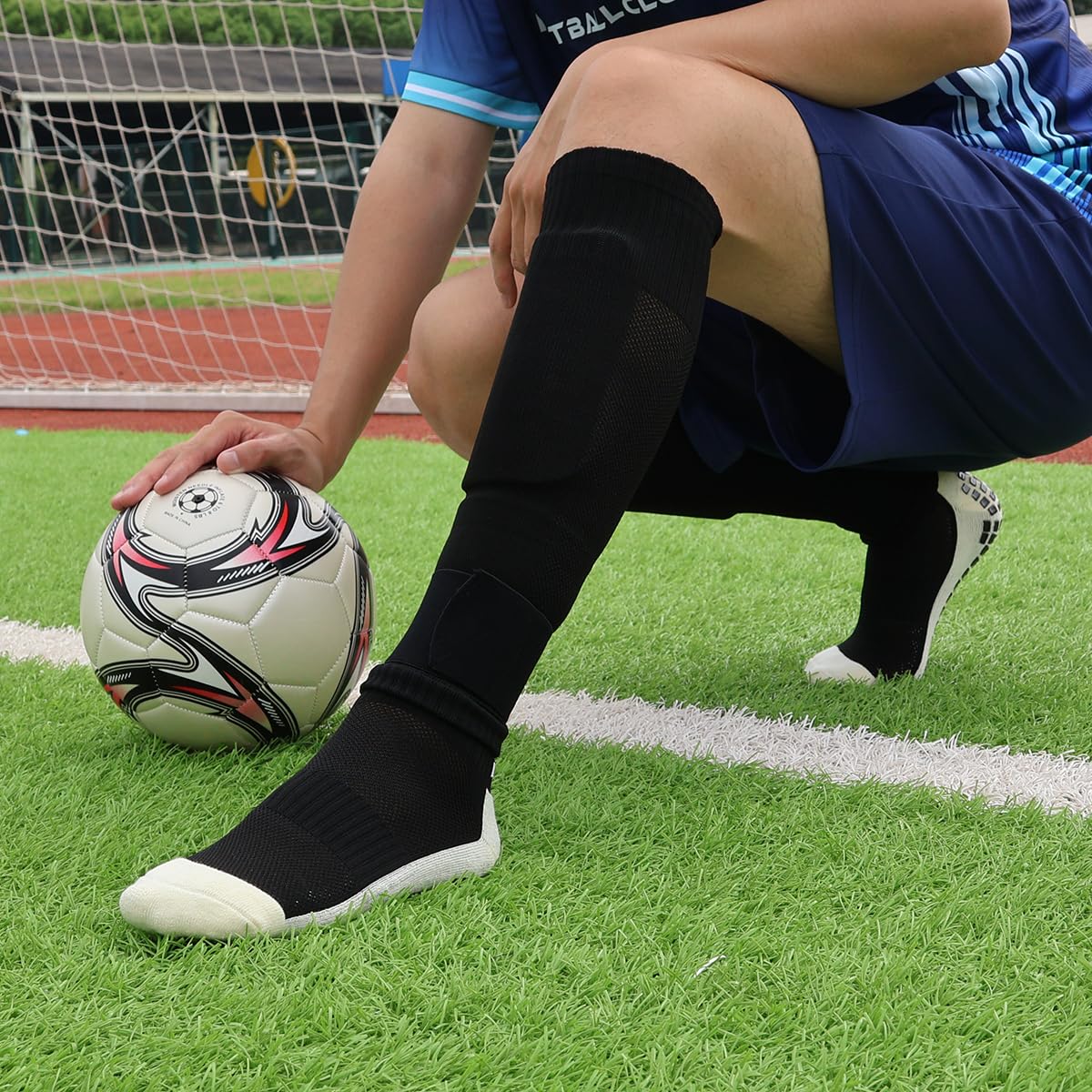 Grip Soccer Socks with Shin Guard Sleeves & Straps | Anti Slip Non-Skid Durable & Comfy Football Socks for Training & Matches