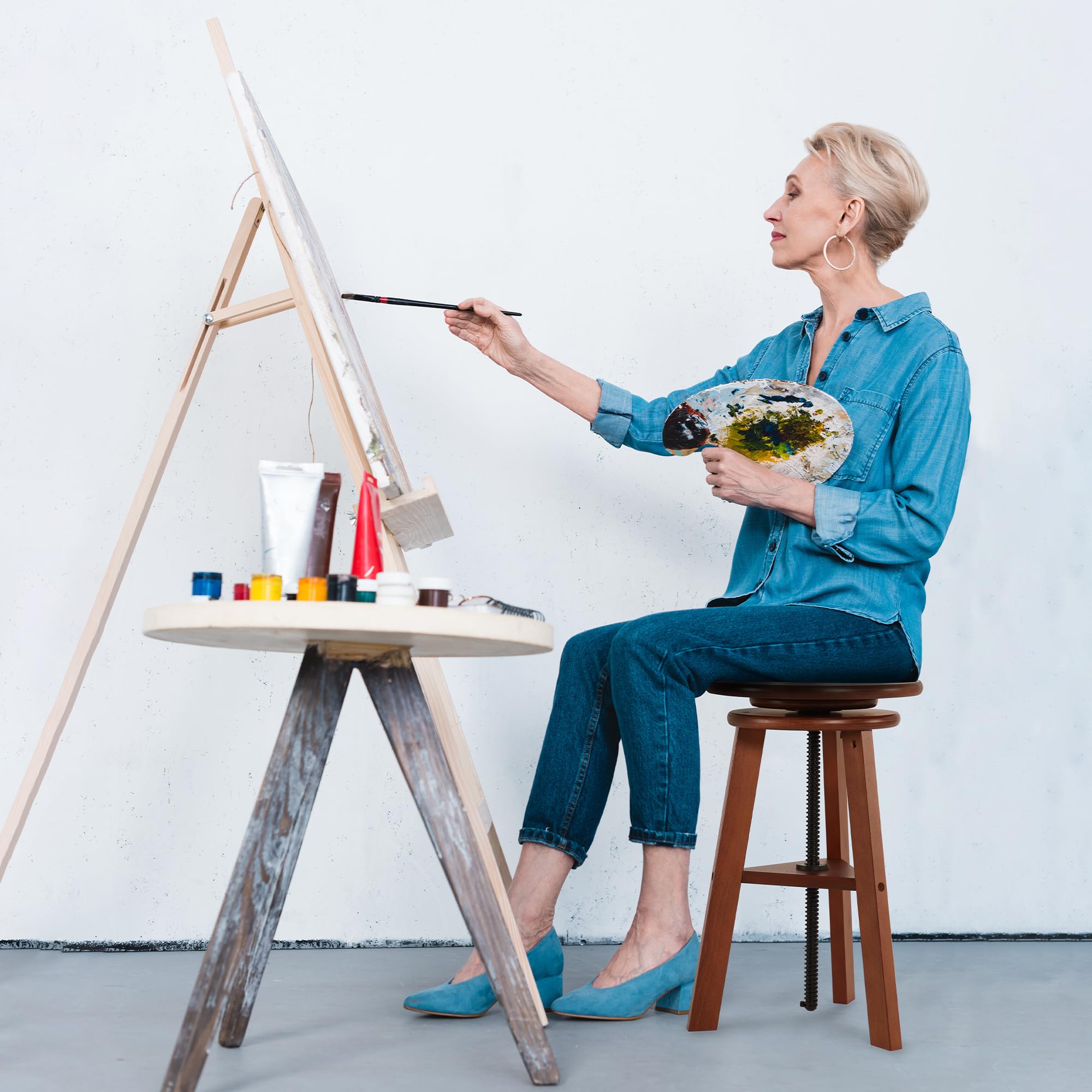 VISWIN 19"-26" H Wooden Adjustable Height Stool, Beech Wood Artist Stool for Drafting Table, Painting Stool for Artists, Adults, Wood Chair for Bar, Kitchen, Home Use, Office, Studio