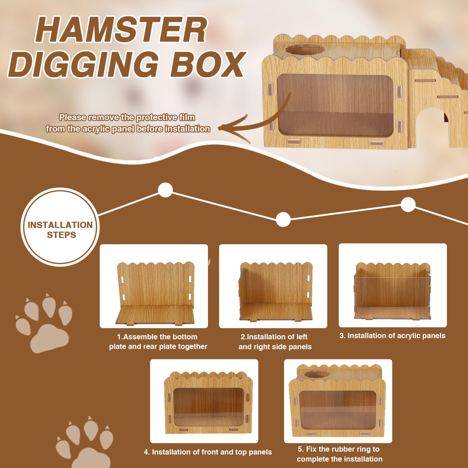 Hamster Digging Box, Small Visible Hamster Digging Room with Acrylic Transparent Board, Hamster Hideout and Exploration House with Climbing Ladder, Hamster Digging Wood Toy for Guinea Syrian Hamsters