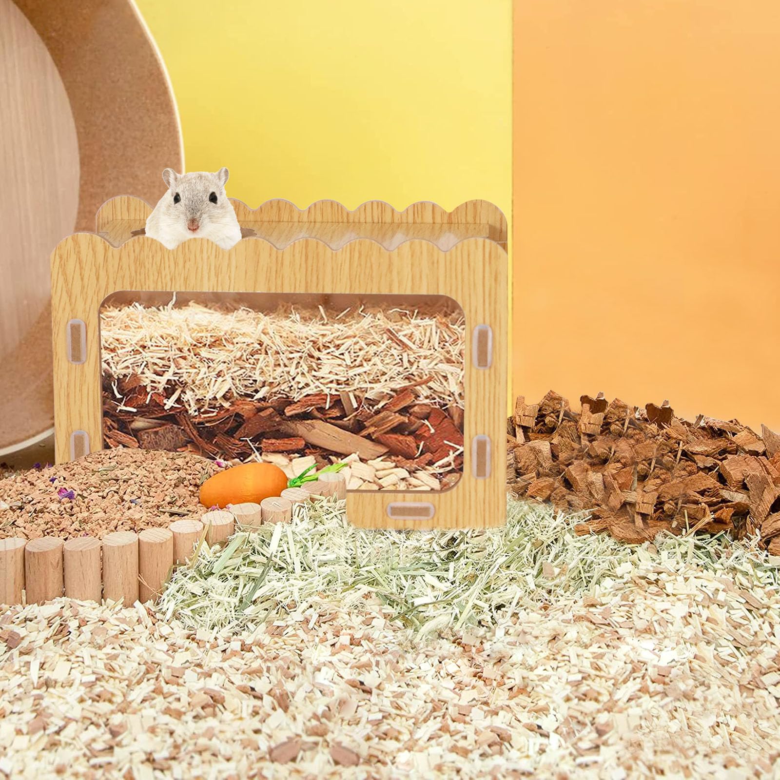 Hamster Digging Box, Small Visible Hamster Digging Room with Acrylic Transparent Board, Hamster Hideout and Exploration House with Climbing Ladder, Hamster Digging Wood Toy for Guinea Syrian Hamsters