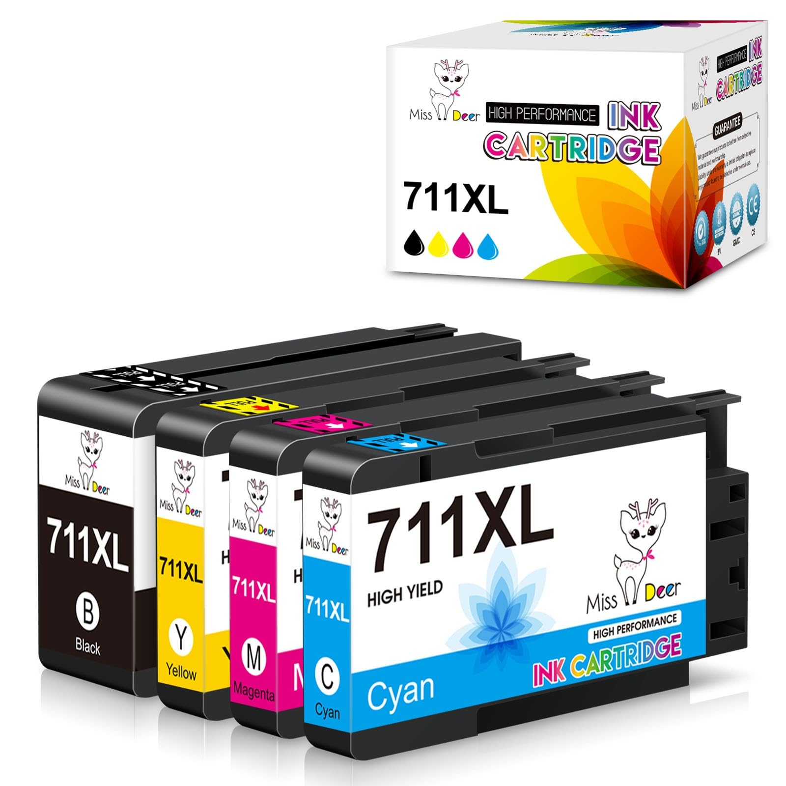 Miss Deer 711XL Ink Cartridges Replacement for HP 711 711XL Ink,Work for HP Designjet T120 T520 24-in T520 36-in Printer (Black,Cyan,Magenta,Yellow) 4 Pack