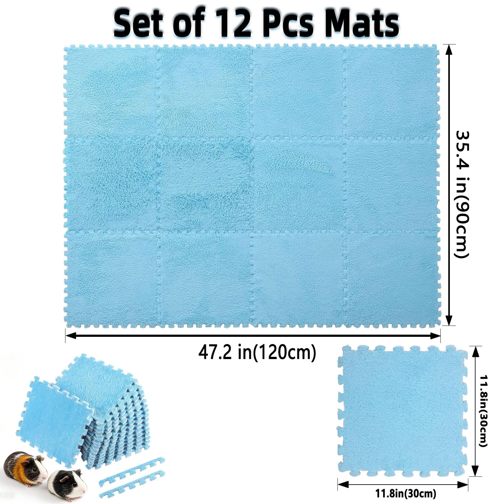 BNOSDM 12Pcs Guinea Pig Plush Pads, Reusable Rabbit Sleeping Floor Mats with Edging, Washable Guinea Pig Fleece Cage Liners, Soft Warm Bunny Bedding, Cage Pad for Small Animals (11.8", Blue)