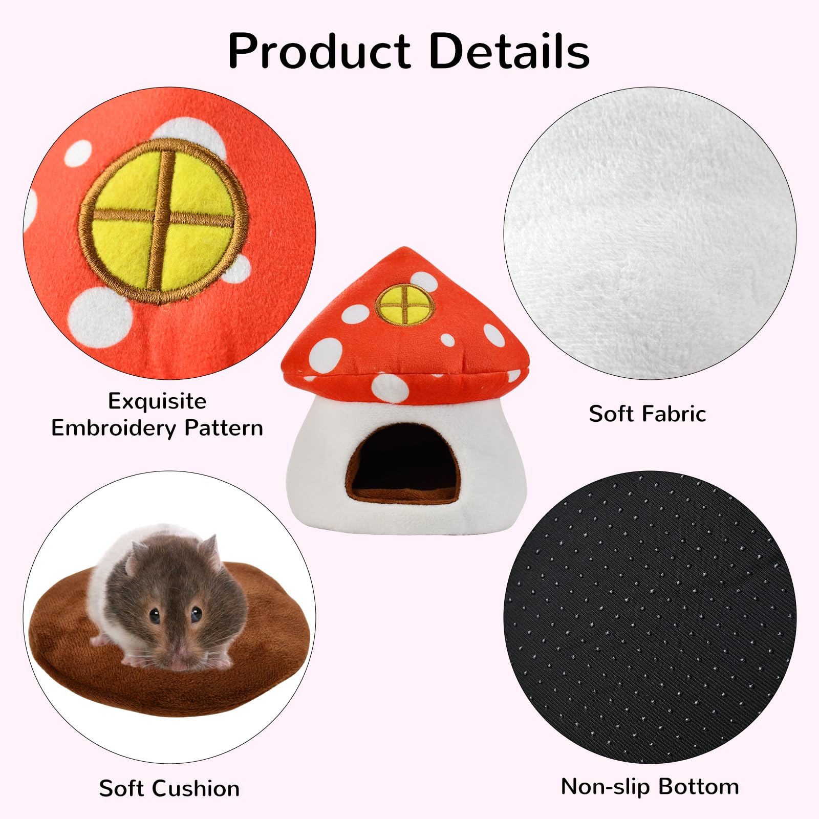 LyssKMK Cozy Mushroom House for Hamsters Soft Plush Tiger Shelter for Rat Small Guinea Pigs Cute Warm Bedding for Small Pets Cartoon Mushroom