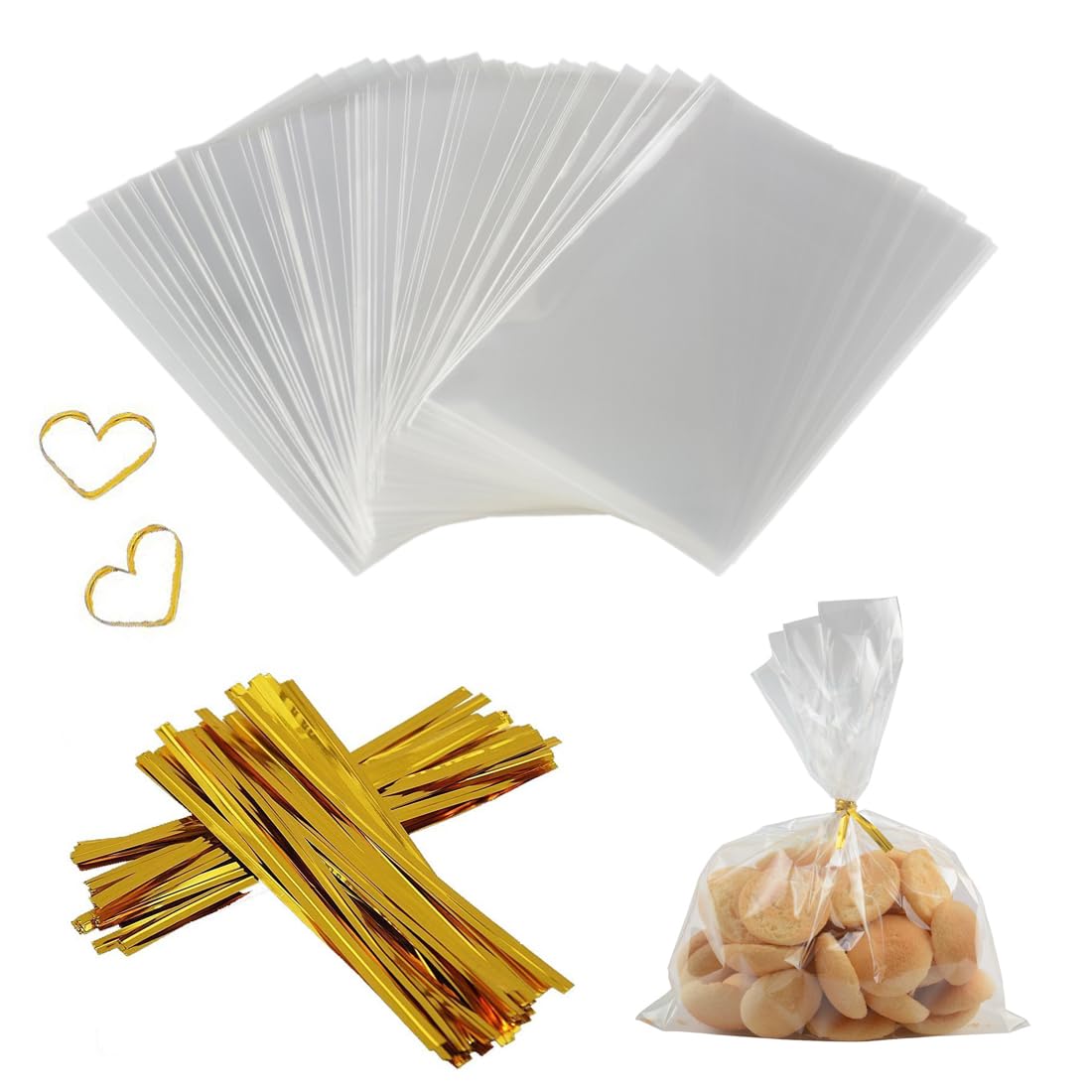 COOLAKE Clear Treat Bags 100 PCS Cellophane Bags Clear Candy Bags with 100 PCS Metallic Twist Ties For Kids Birthday Candy Popcorn Gift Cookie Small (4''by 6'')