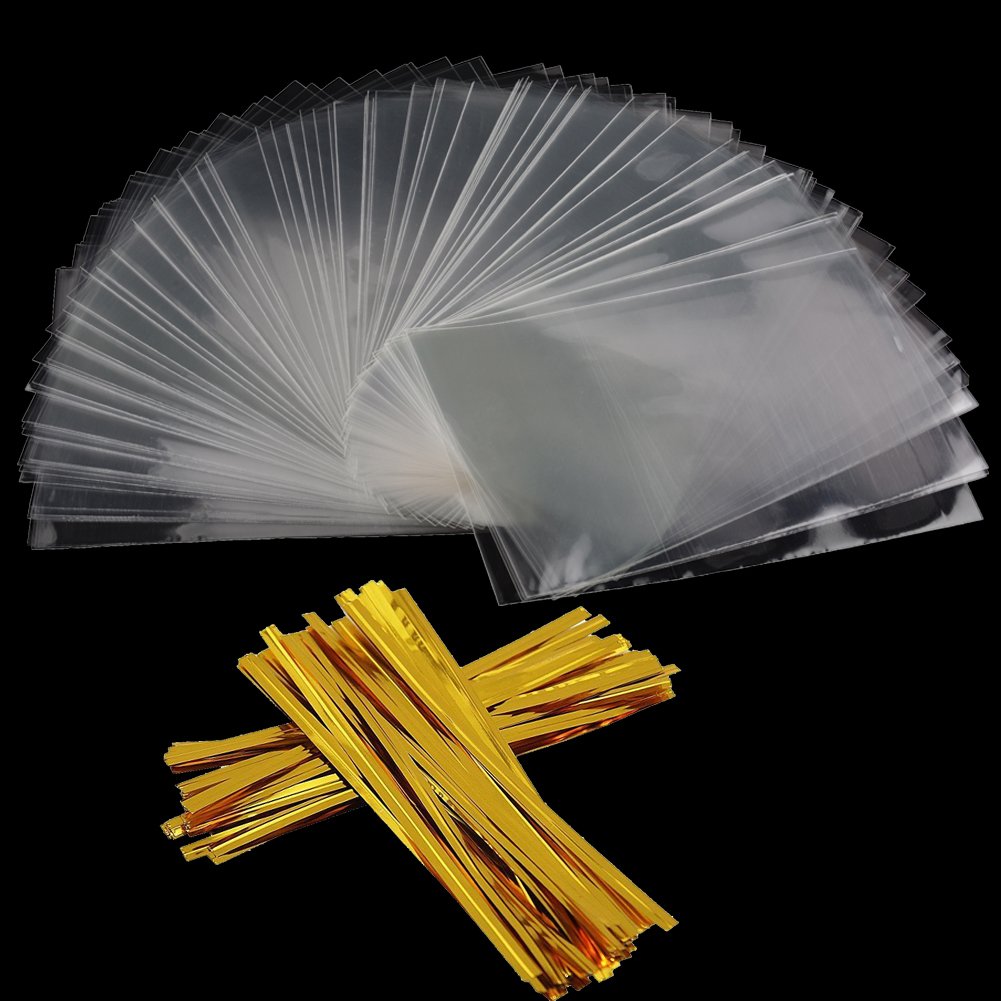 COOLAKE Clear Treat Bags 100 PCS Cellophane Bags Clear Candy Bags with 100 PCS Metallic Twist Ties For Kids Birthday Candy Popcorn Gift Cookie Small (4''by 6'')