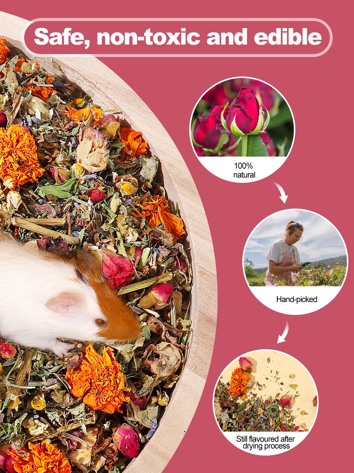 MEWTOGO 7 Oz Guinea Pigs Herb Mix - Natural Flower Herbal Blend in 9 Dried Flowers & Herbs, Hamster Bedding for Bunny Gerbils Small Animals Keep Cage Environment Fresh