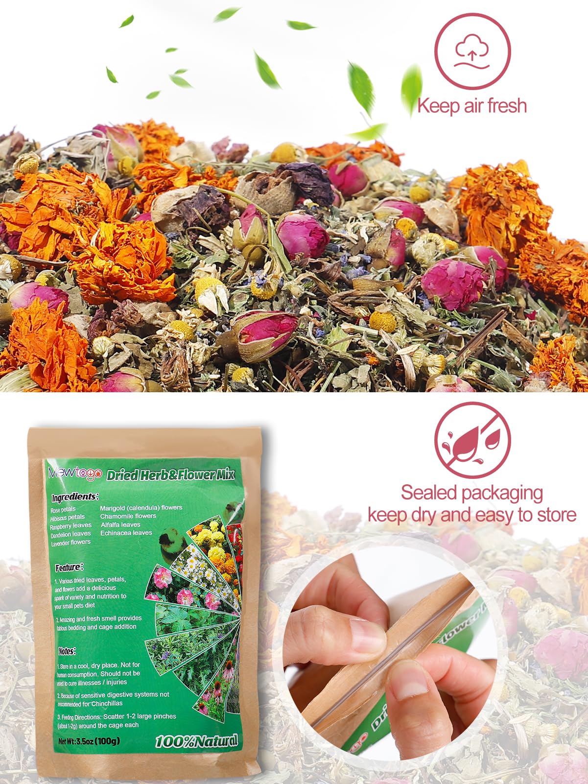 MEWTOGO 7 Oz Guinea Pigs Herb Mix - Natural Flower Herbal Blend in 9 Dried Flowers & Herbs, Hamster Bedding for Bunny Gerbils Small Animals Keep Cage Environment Fresh