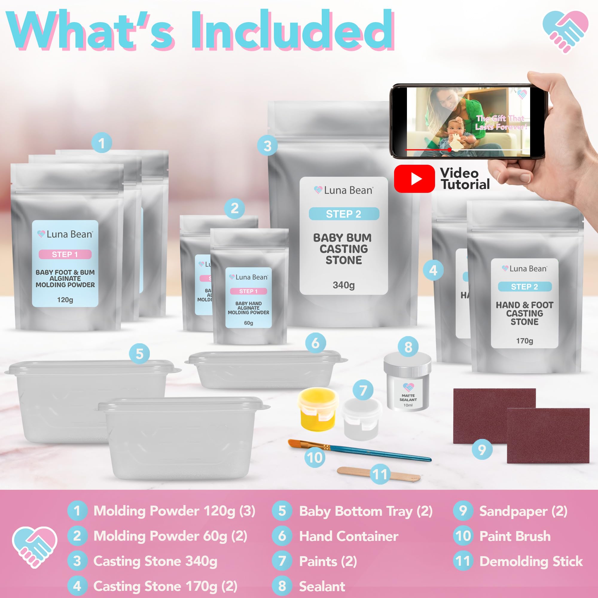 Luna Bean Deluxe Baby Keepsake Hand Casting Kit - Plaster Hand Mold Casting Kit for Infant Hand & Foot Mold - Baby Casting Kit for First Birthday, Christmas & Newborn Gifts - (Clear Sealant - Matte)