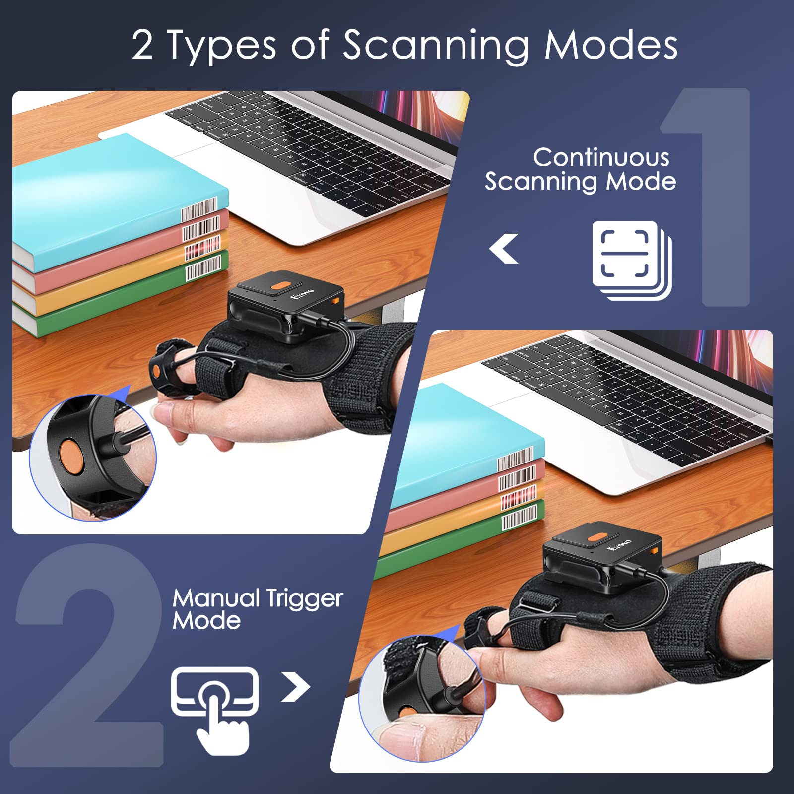 Eyoyo Wearable Glove 1D Bluetooth Barcode Scanner, Left&Right Hand Wearable,1D Finger Trigger Wireless Bar Code Reader Inventory with Retractable Lanyard Compatible with iPhone iPad Android Tablet