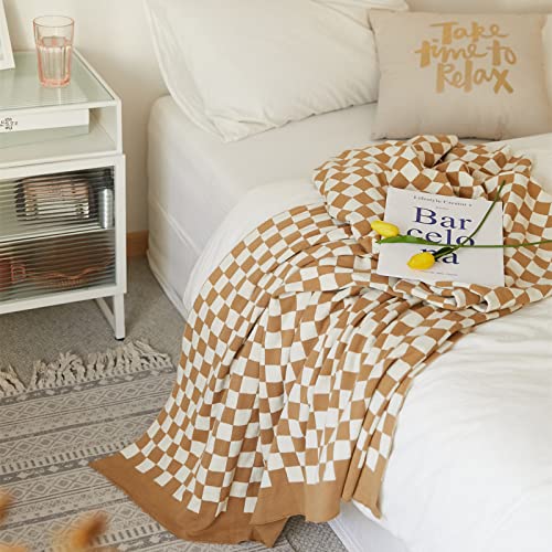 YIRUIO Throw Blankets Checkerboard Grid Chessboard Gingham Warmer Comfort 100% Pure Cotton Knit for Home Decor Bed Couch (51" L x 63" W, Khaki)
