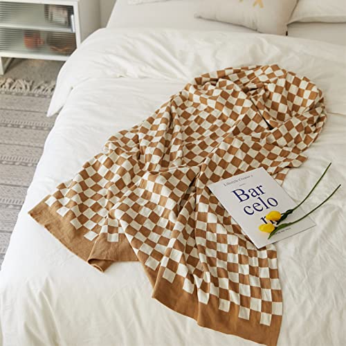 YIRUIO Throw Blankets Checkerboard Grid Chessboard Gingham Warmer Comfort 100% Pure Cotton Knit for Home Decor Bed Couch (51" L x 63" W, Khaki)