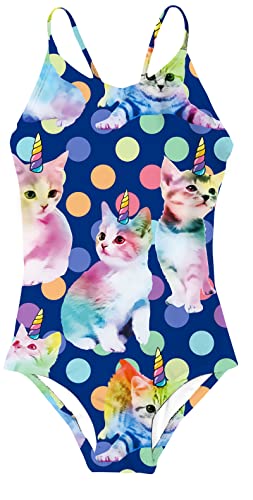 RAISEVERN Girls 1 Piece Swimsuit Cat Bathing Suit for Kids Cross Back Adjustable Straps Swim Suit Beach Summer Swimwear Size 8