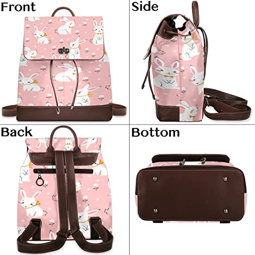 Cute Rabbit PU Leather Backpack Purse, Bunny Flower Shoulder Rucksack College School Bookbag Travel Daypack for Women Ladies