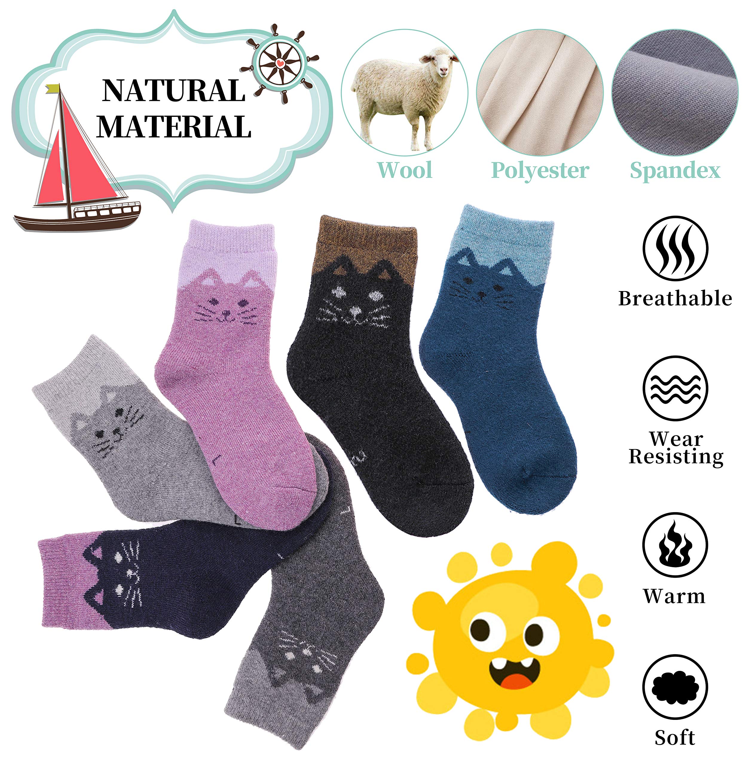LANLEO Kids Wool Socks For Toddlers Boys Girls Hiking Winter Warm Cozy Thick Heavy Thermal Crew Boot Socks 6 Pairs Cat,8-12 Year Old