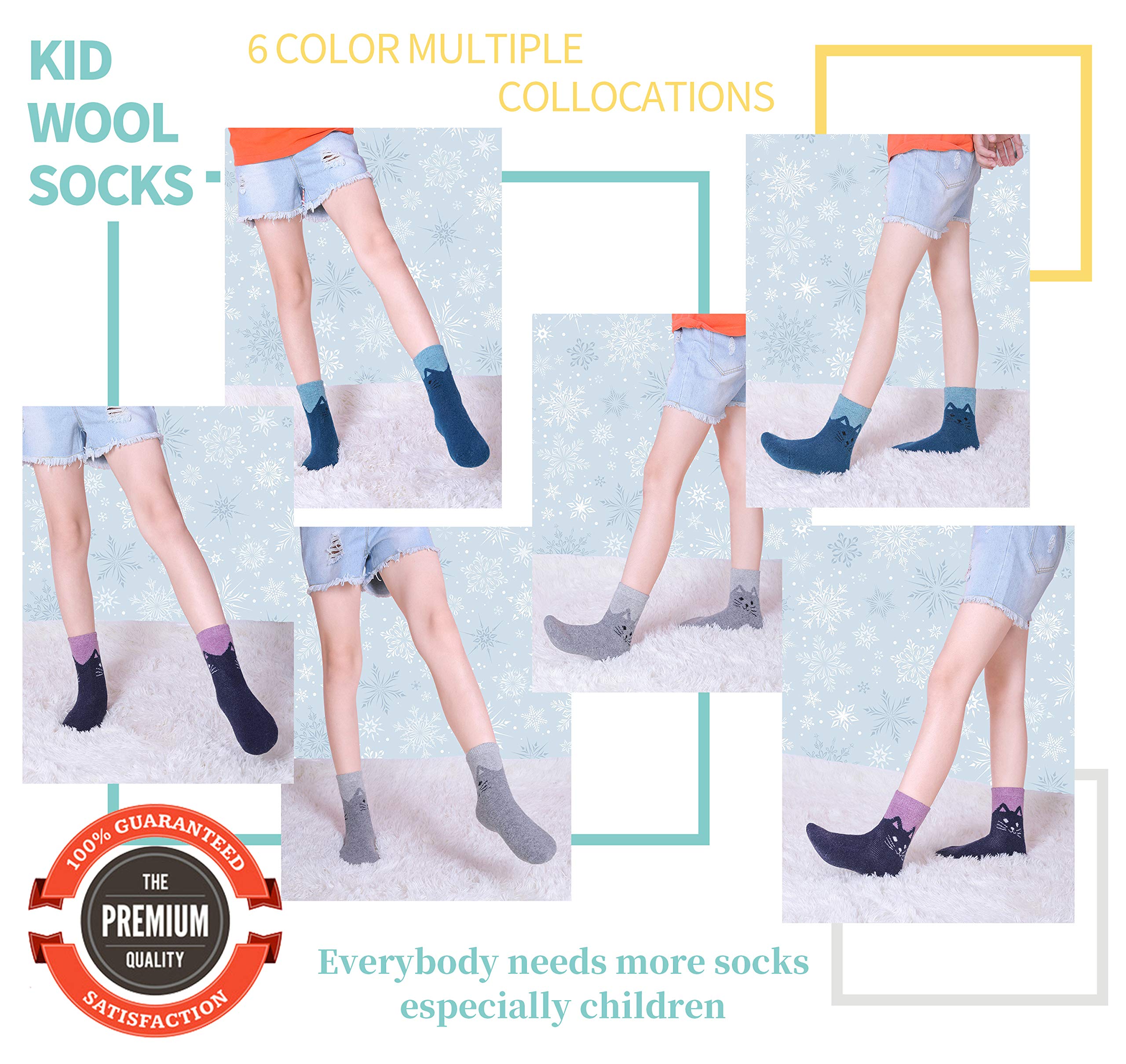 LANLEO Kids Wool Socks For Toddlers Boys Girls Hiking Winter Warm Cozy Thick Heavy Thermal Crew Boot Socks 6 Pairs Cat,8-12 Year Old