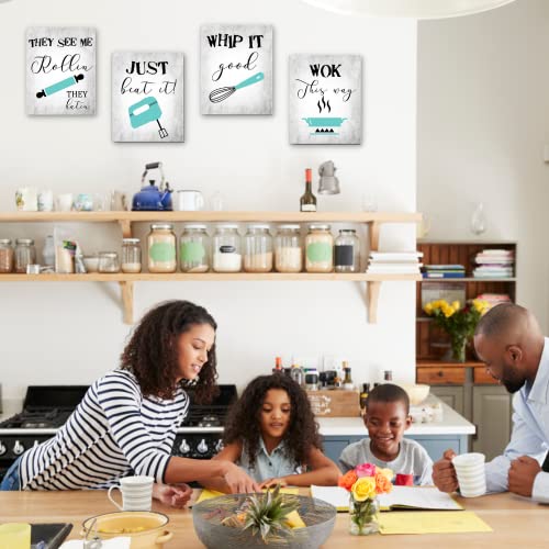 Creoate Turquoise Kitchen Canvas Wall Art, 4 Pieces Funny Kitchen Rules Songs for Kitchen Wall Decor, Canvas Poster Print Set 8X10 Framed Artwork for Dining Room, Coffee Bar, Bakery Decor