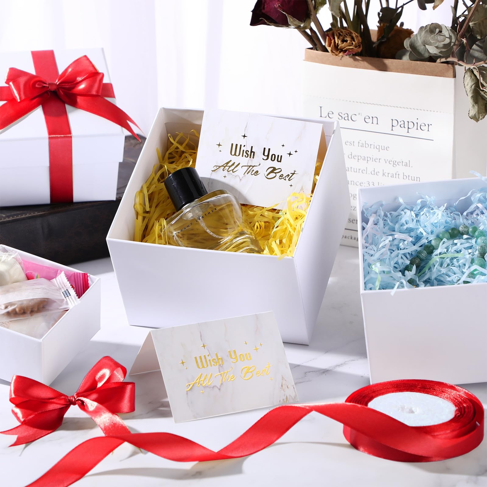 Marspark 4 Pcs Valentine‘s Day Nesting Gift Boxes with Lids Mixed Size Square Nested Boxes Stackable Gift Boxes Present Wrap Gift Box with Ribbon Gift Card for Presents Birthday Party Favor(White Box)