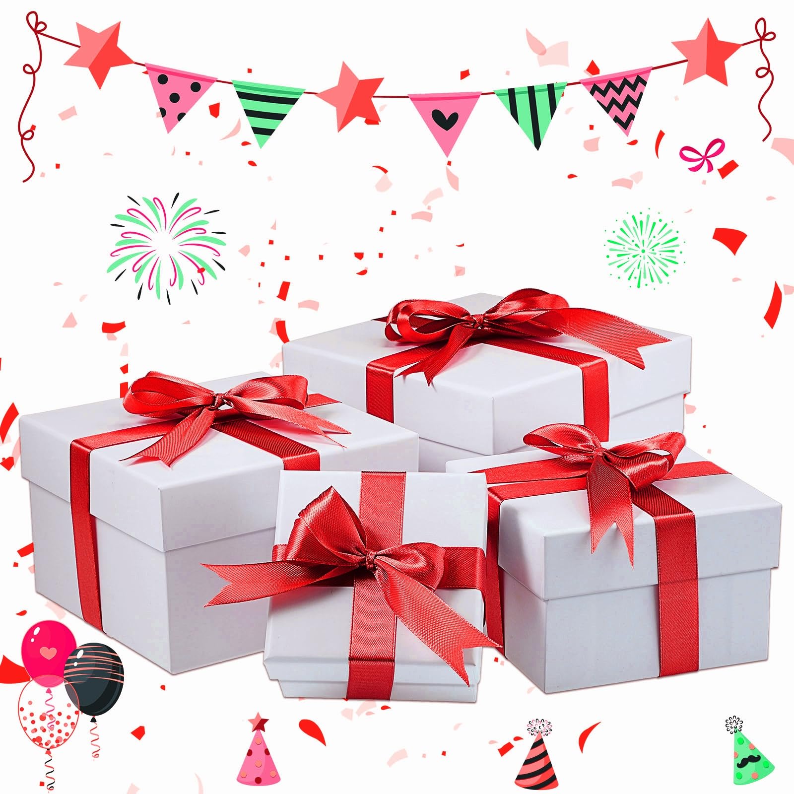 Marspark 4 Pcs Valentine‘s Day Nesting Gift Boxes with Lids Mixed Size Square Nested Boxes Stackable Gift Boxes Present Wrap Gift Box with Ribbon Gift Card for Presents Birthday Party Favor(White Box)