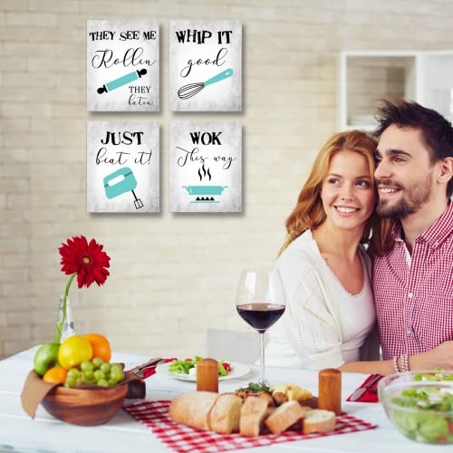 Creoate Turquoise Kitchen Canvas Wall Art, 4 Pieces Funny Kitchen Rules Songs for Kitchen Wall Decor, Canvas Poster Print Set 8X10 Framed Artwork for Dining Room, Coffee Bar, Bakery Decor