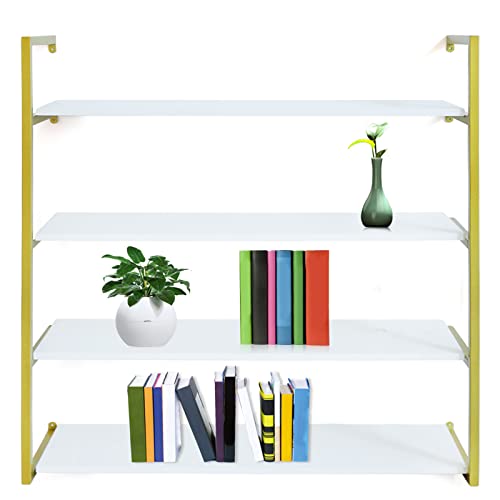 GDAE10 Modern Wall Mounted Shelf Gold Metal Wall Shelf with Wooden Board Floating Storage Rack Wall Mounted Bookshelf Suitable for Living Room Study Bedroom (36 Inch 4 Layer)