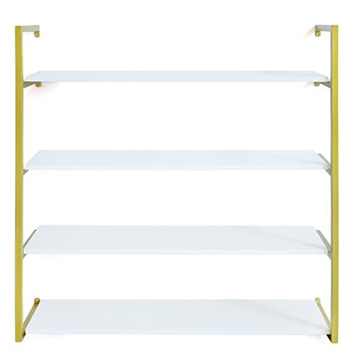 GDAE10 Modern Wall Mounted Shelf Gold Metal Wall Shelf with Wooden Board Floating Storage Rack Wall Mounted Bookshelf Suitable for Living Room Study Bedroom (36 Inch 4 Layer)