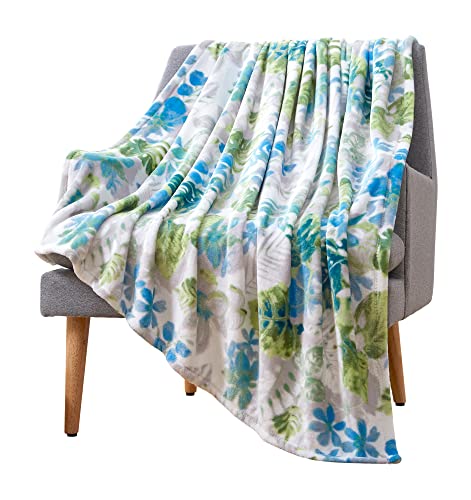 Watercolor Tropical Palm and Flowers Throw Blankets: Soft Plush Floral Accent for Sofa Couch Chair Bed or Dorm, Blue Green Gray (Paradise)