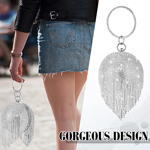 Women Crystal Tassel Clutch Purse Rhinestone Evening Hand Bags with Long Chain for Wedding Engagement Party(Silver)