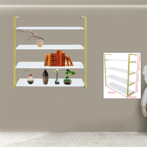 GDAE10 Modern Wall Mounted Shelf Gold Metal Wall Shelf with Wooden Board Floating Storage Rack Wall Mounted Bookshelf Suitable for Living Room Study Bedroom (36 Inch 4 Layer)