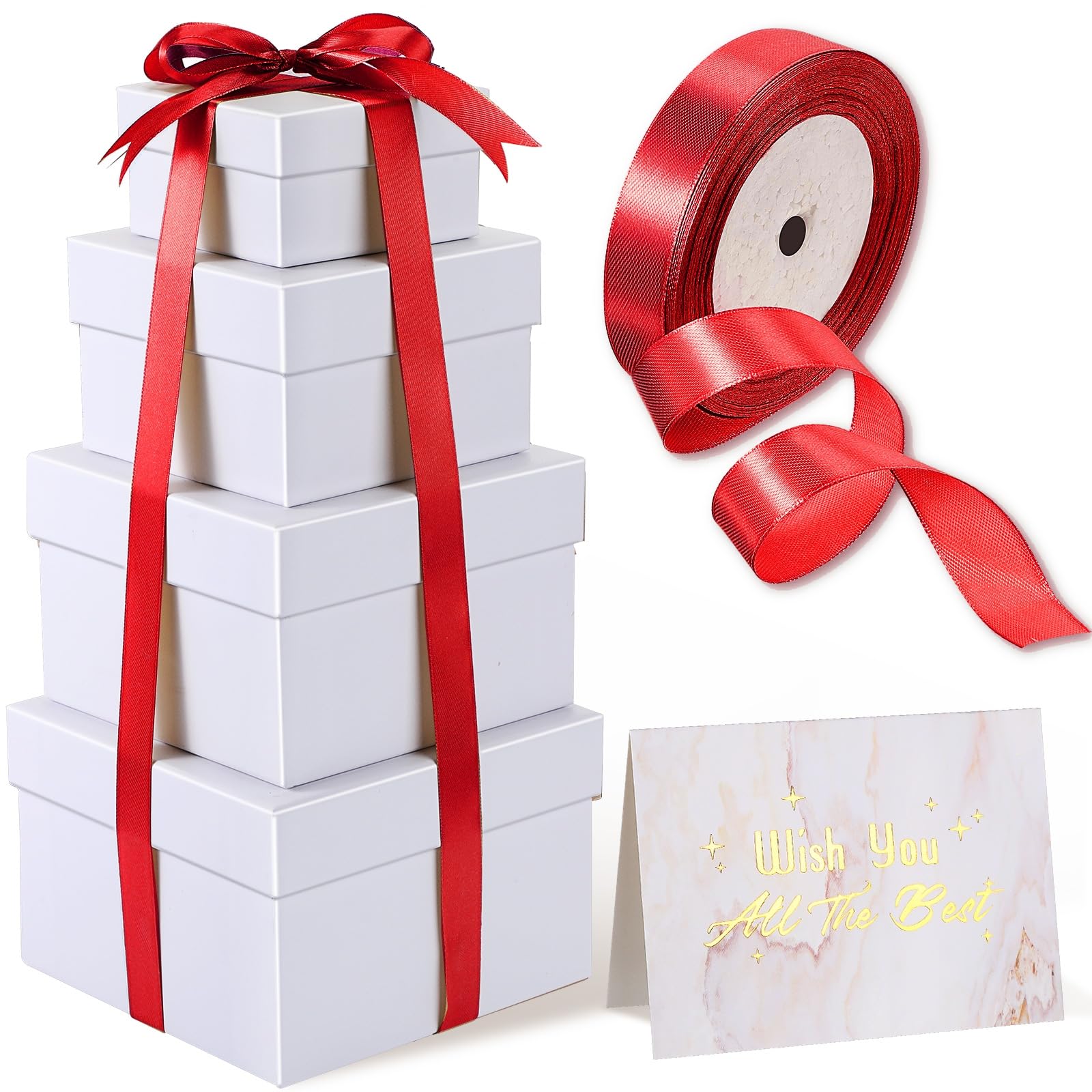 Marspark 4 Pcs Valentine‘s Day Nesting Gift Boxes with Lids Mixed Size Square Nested Boxes Stackable Gift Boxes Present Wrap Gift Box with Ribbon Gift Card for Presents Birthday Party Favor(White Box)