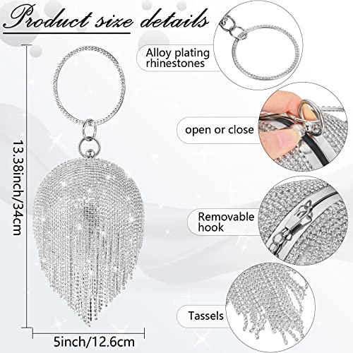 Women Crystal Tassel Clutch Purse Rhinestone Evening Hand Bags with Long Chain for Wedding Engagement Party(Silver)