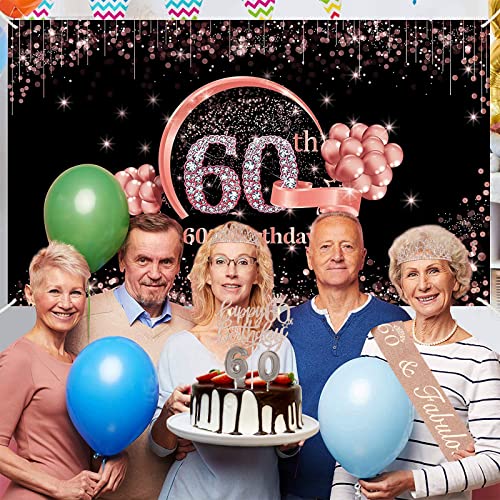 60th Birthday Decorations Women, Including 60th Birthday Crown/Tiara, Sash, Cake Topper and Candles, 60th Birthday Gifts for women