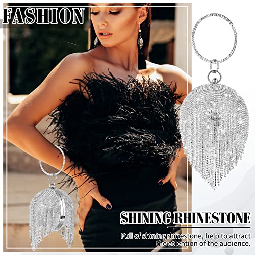 Women Crystal Tassel Clutch Purse Rhinestone Evening Hand Bags with Long Chain for Wedding Engagement Party(Silver)