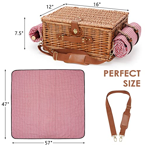 Picnic Basket for 4, Insulated Willow Picnic Baskets with Shoulder Strap, Picnic Hamper with Waterproof Picnic Blanket, Handmade Wicker Hamper for Outdoor, Great Gifts for Thanksgiving, Christmas