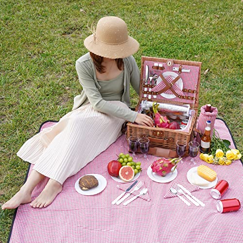 Picnic Basket for 4, Insulated Willow Picnic Baskets with Shoulder Strap, Picnic Hamper with Waterproof Picnic Blanket, Handmade Wicker Hamper for Outdoor, Great Gifts for Thanksgiving, Christmas