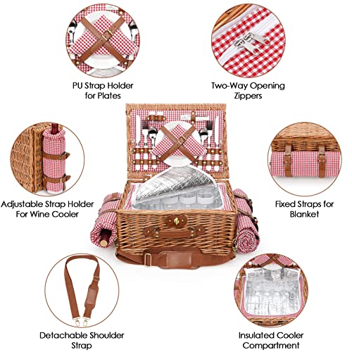 Picnic Basket for 4, Insulated Willow Picnic Baskets with Shoulder Strap, Picnic Hamper with Waterproof Picnic Blanket, Handmade Wicker Hamper for Outdoor, Great Gifts for Thanksgiving, Christmas
