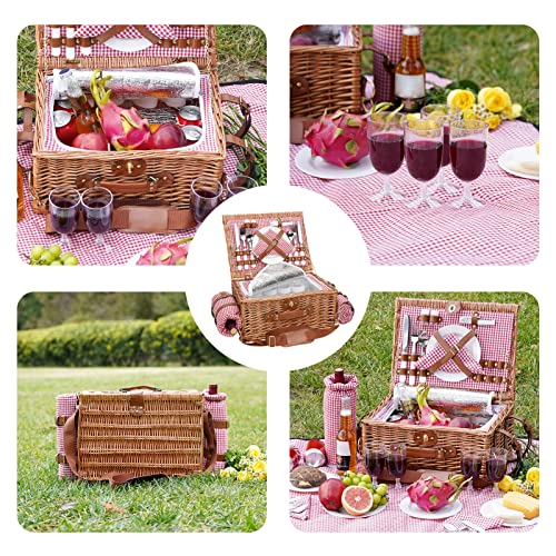Picnic Basket for 4, Insulated Willow Picnic Baskets with Shoulder Strap, Picnic Hamper with Waterproof Picnic Blanket, Handmade Wicker Hamper for Outdoor, Great Gifts for Thanksgiving, Christmas