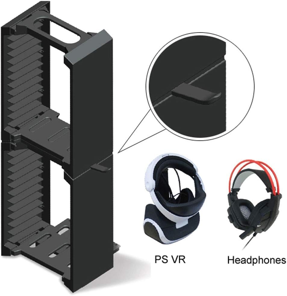 Skywin-Video Game Storage Stand Tower, Video Game Storage Organizer for PS5/ PS4/ PS3/ Xbox Series S & X/Xbox one Game, VR/Headset Hanger, 24 CD Storage Disk Tower for PS (Black)