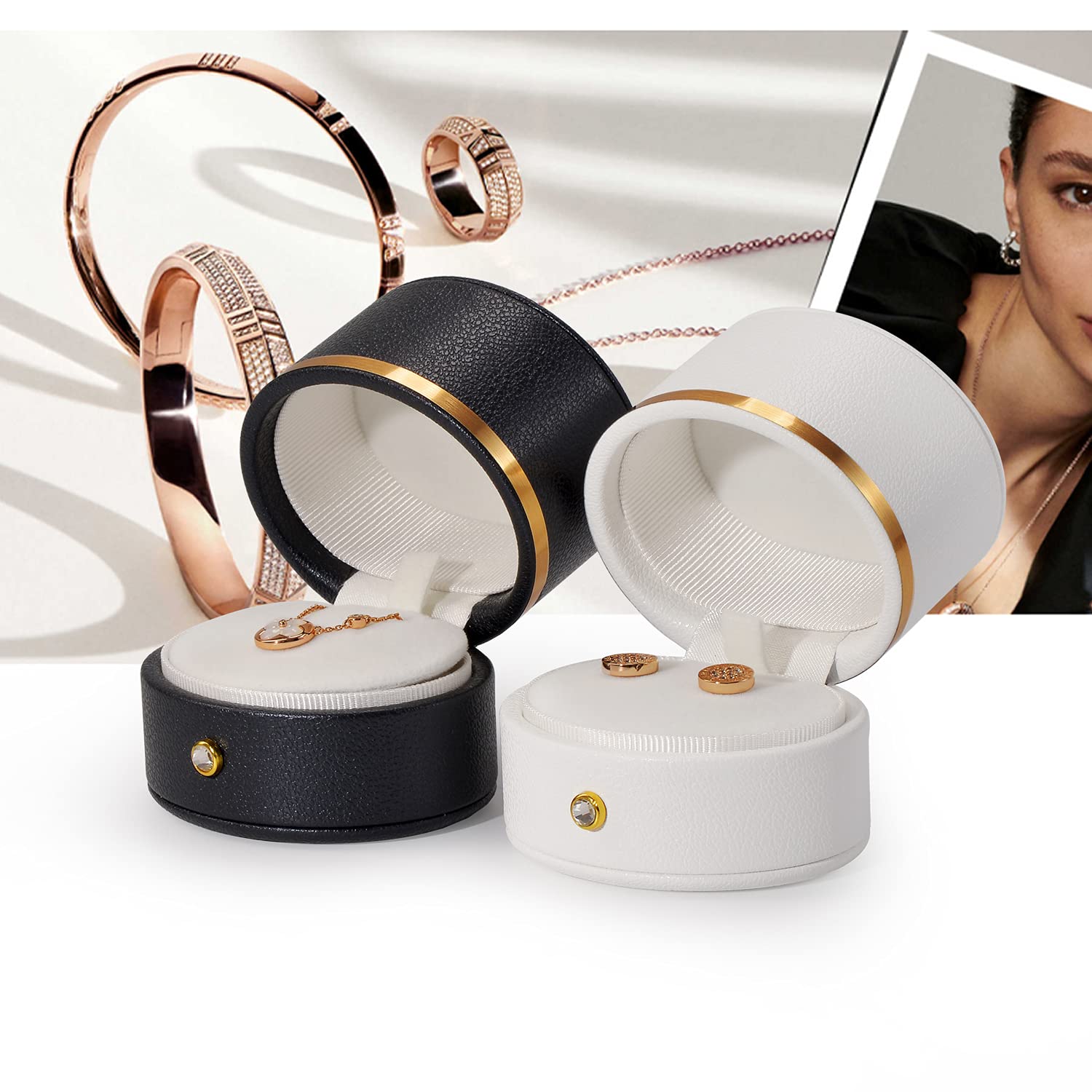 Oirlv Leather Ring Box Engagement Proposal Wedding Ring Gift Box Multifunctional Jewelry Case for Earring Necklace(White)