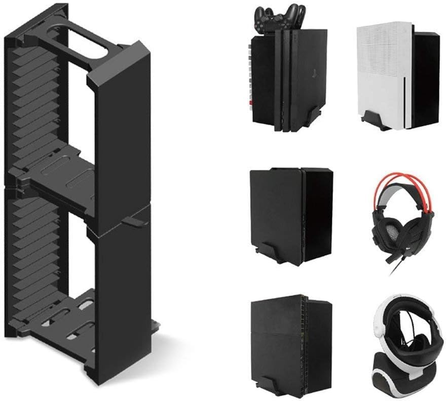 Skywin-Video Game Storage Stand Tower, Video Game Storage Organizer for PS5/ PS4/ PS3/ Xbox Series S & X/Xbox one Game, VR/Headset Hanger, 24 CD Storage Disk Tower for PS (Black)