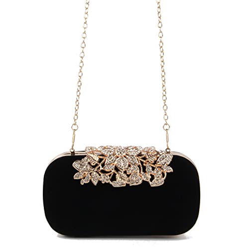 Oweisong Evening Clutch Purse for Women Wedding Flower Rhinestone Black Evening Bag Floral Crystal Shoulder Bag for Party