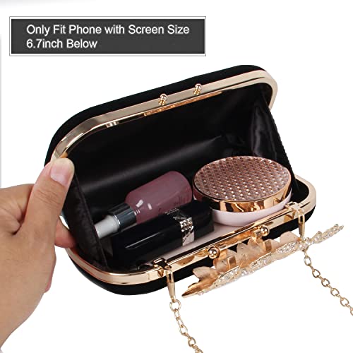 Oweisong Evening Clutch Purse for Women Wedding Flower Rhinestone Black Evening Bag Floral Crystal Shoulder Bag for Party