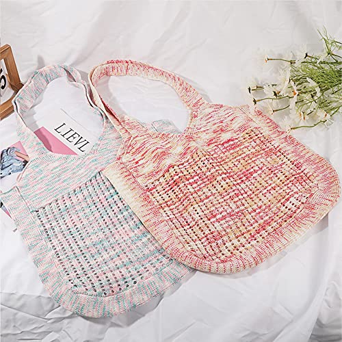 Womens Crocheted Tote Bag Aesthetic Knitted Shoulder Handbag Purse Cute Hobo Bag Boho Shopping Bag(Red Tie Dye)