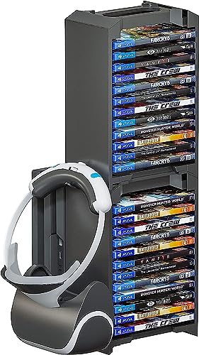 Skywin-Video Game Storage Stand Tower, Video Game Storage Organizer for PS5/ PS4/ PS3/ Xbox Series S & X/Xbox one Game, VR/Headset Hanger, 24 CD Storage Disk Tower for PS (Black)