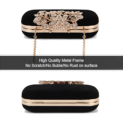 Oweisong Evening Clutch Purse for Women Wedding Flower Rhinestone Black Evening Bag Floral Crystal Shoulder Bag for Party