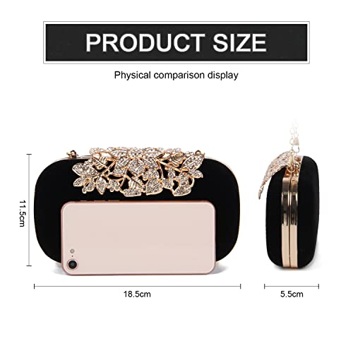 Oweisong Evening Clutch Purse for Women Wedding Flower Rhinestone Black Evening Bag Floral Crystal Shoulder Bag for Party