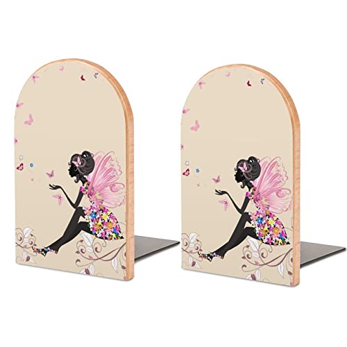 Hon-Lally Flower Fairy Girl with Pink Wing Elves Butterflies Wood Bookends Decorative Bookend Non-Skid Office Book Stand for Books Office Files Magazine