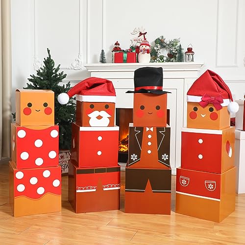 Funtery 16 Pcs Christmas Gingerbread Man Gift Box Xmas Stacking Boxes with Hats Christmas Nesting Boxes with Red Bow, Christmas Hat, Top Hat Decorative for Gift Present Wrapping Party Favors