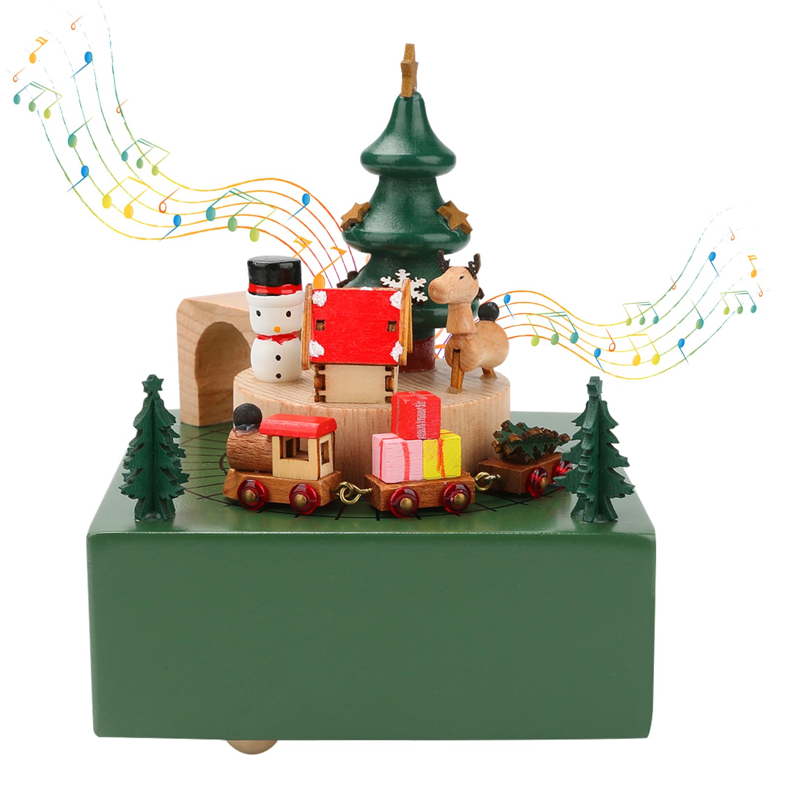 Wjiang Christmas Music Box, Vintage Music Box with Rotation Train, Xmas Music Box Wooden Musical Boxes with Snowman Elk Christmas Decoration, Cute Crafts Music Box Gift for Women, Girls, Kids, Adults